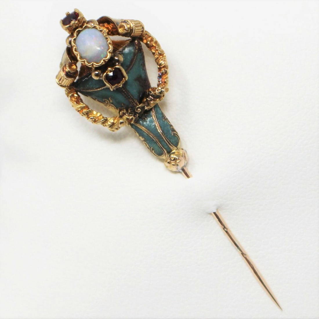 Victorian 21k Gold Opal & Ruby Enamel Hat Lapel Stick Pin Auction