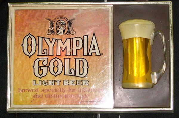 815: Vintage Olympia Gold Light-up Beer Sign w Mug