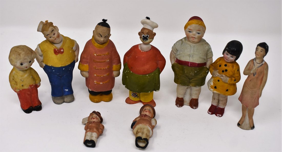 9 Early Comic Bisque Nodders & Frozen Charlotte