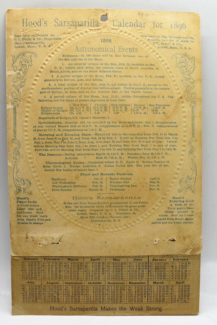 For Auction: 1896 Hood's Sarsaparilla Advertising Calendar (#0031) on ...