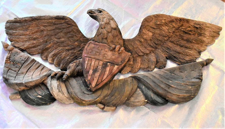 Patriotic Folk Art Wood Carving Eagle Usa Flag Shield