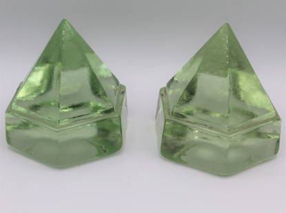 Pair Of Large Light Green Glass Prism Pyramids Ship Deck Patio Paperweight