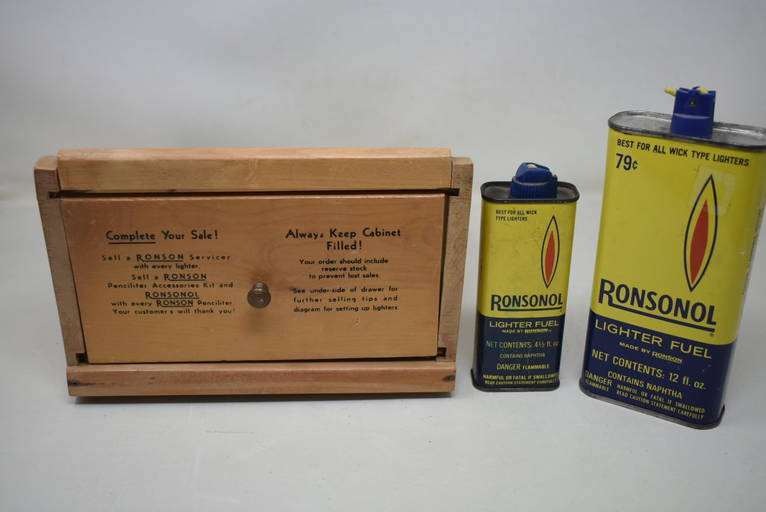 Vintage Ronson Lighter Display Case & Fuel Tins