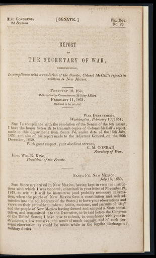 Colonel Mccall's Reports On New Mexico 1851