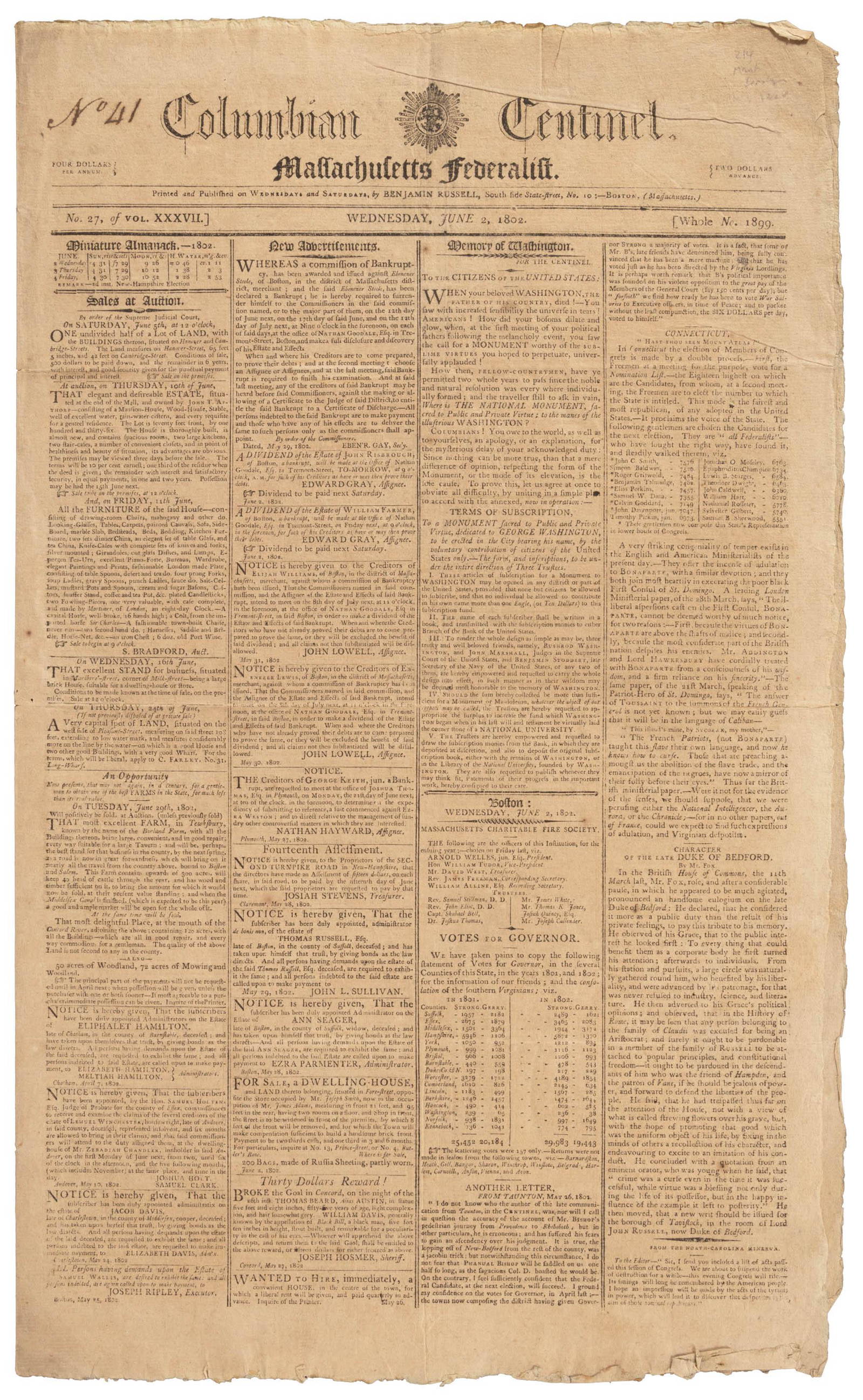 Newspaper With Death Of Martha Washington Auction