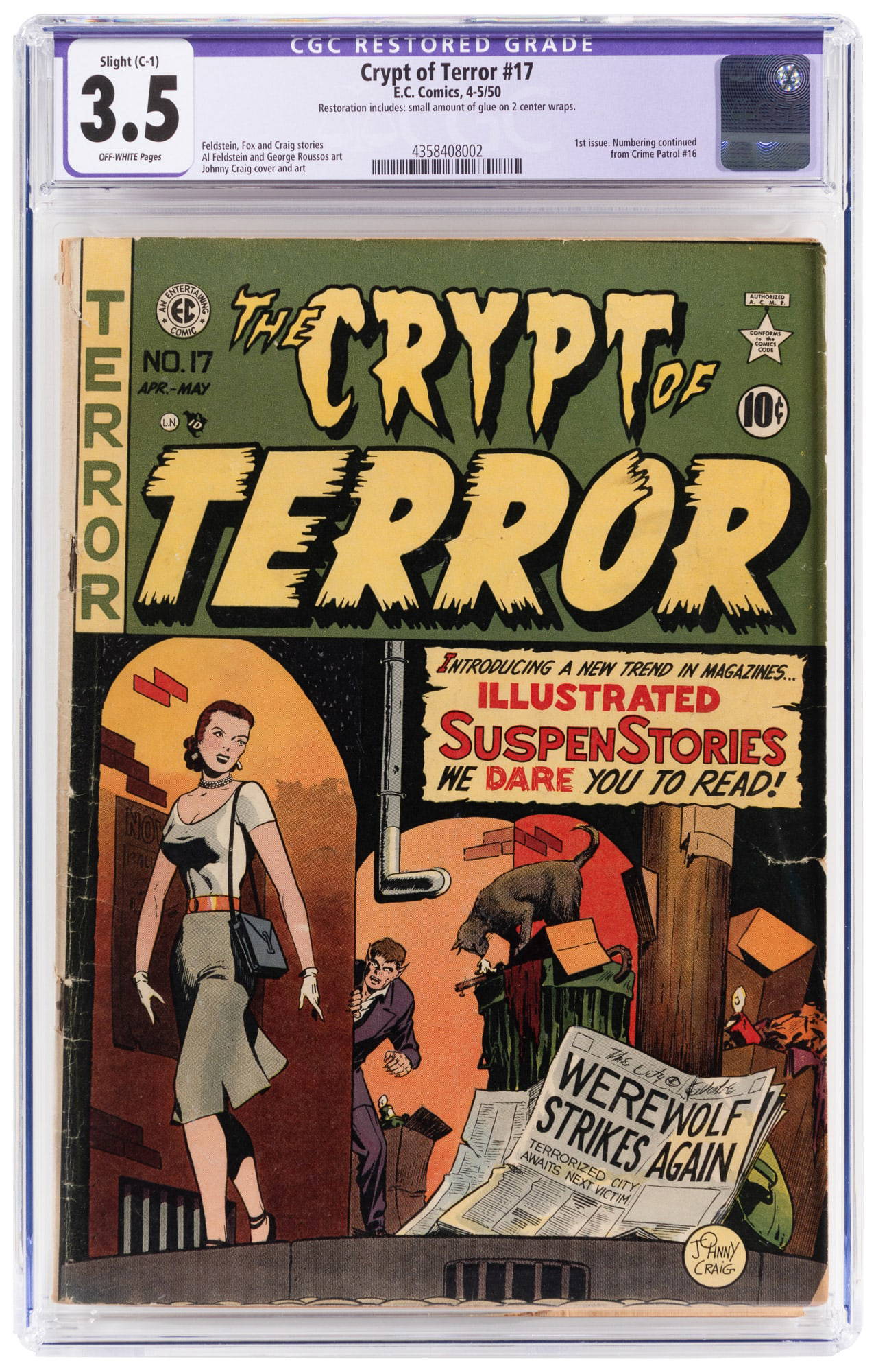 Crypt Of Terror #17 * Cgc 3.5 Restored * Small Glue Touch * 1st Ish Auction