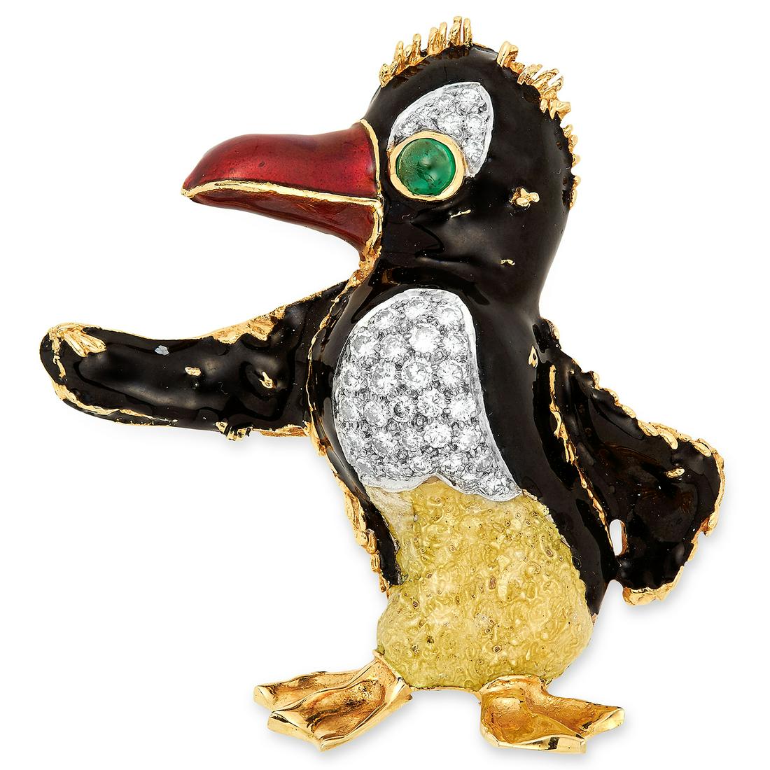 Vintage Enamel, Emerald And Diamond Penguin Brooch,
