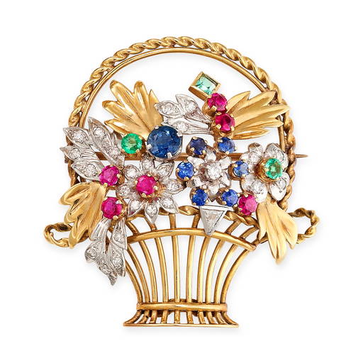 A VINTAGE GEMSET FLOWER BASKET BROOCH in 18ct yellow gold and platinum ...