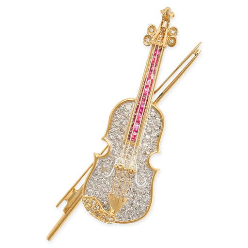 A Diamond And Ruby Violin And Bow Brooch In 18ct Yellow Gold, Designed ...