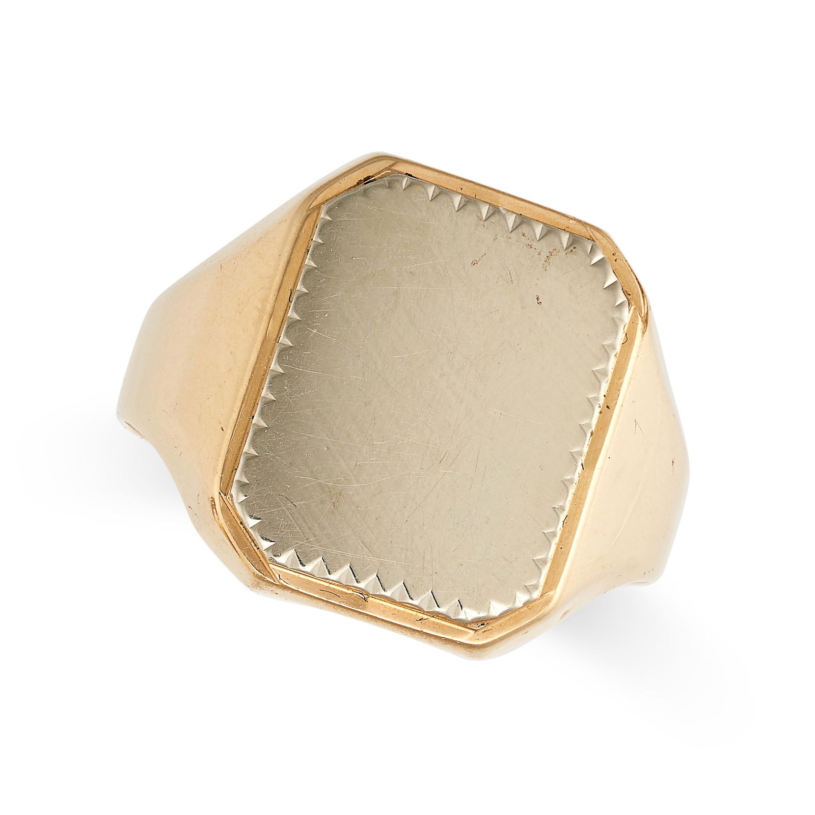 A VINTAGE FRENCH SIGNET RING in 18ct yellow gold, the octagonal face to a decorative border ...