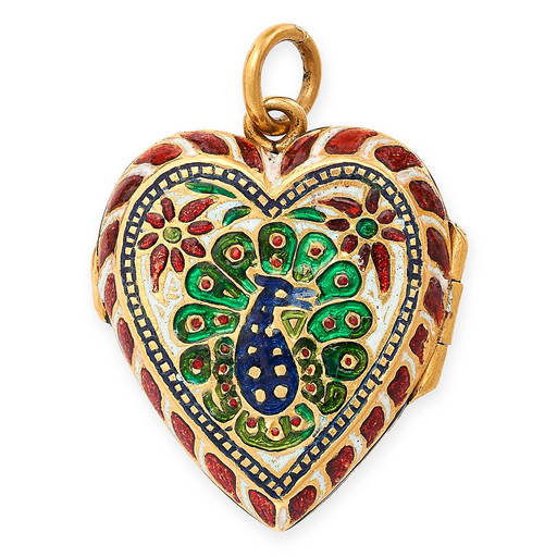 AN INDIAN ENAMEL HEART LOCKET PENDANT in yellow gold, the hinged heart ...