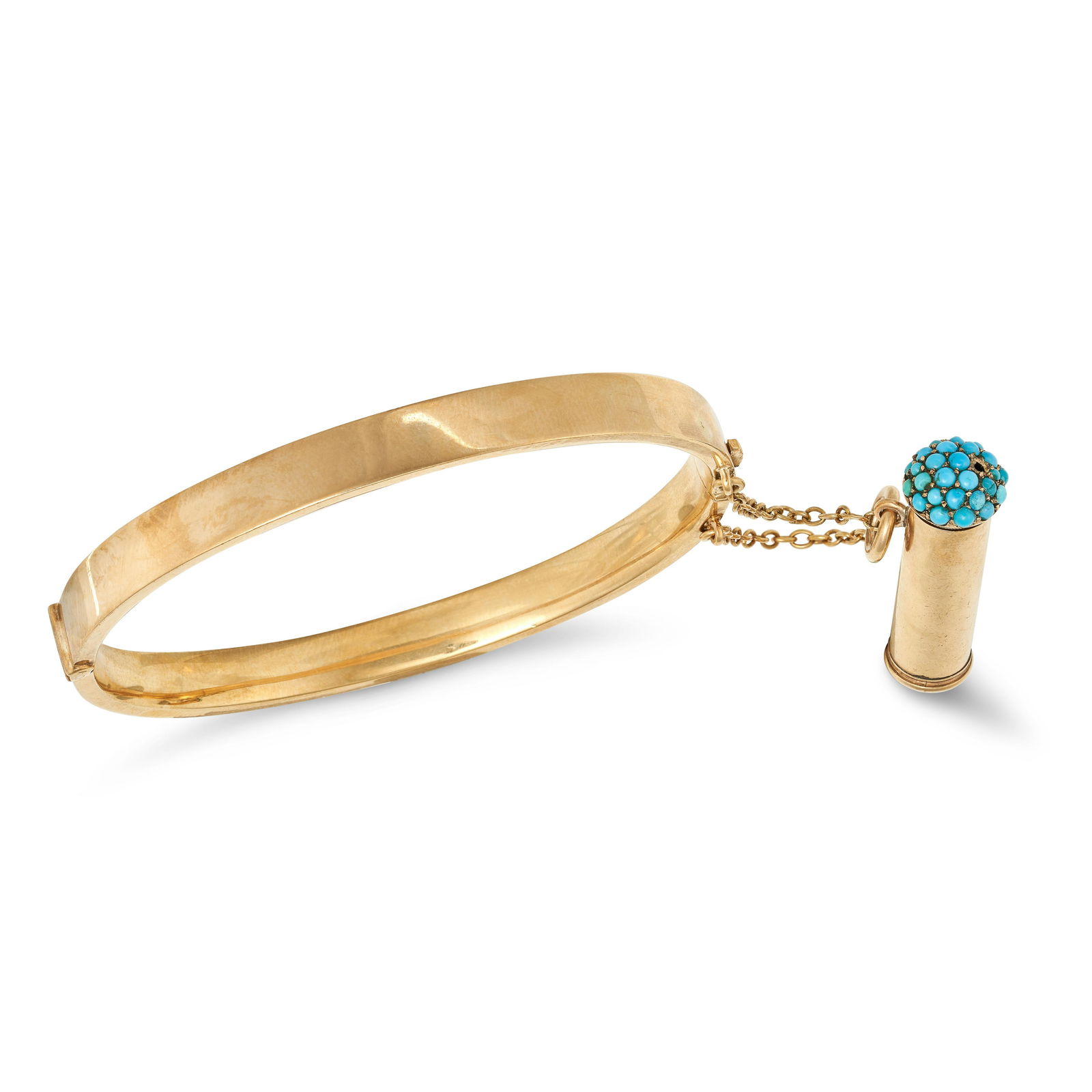 AN ANTIQUE TURQUOISE PENCIL BANGLE in yellow gold, the hinged bangle ...