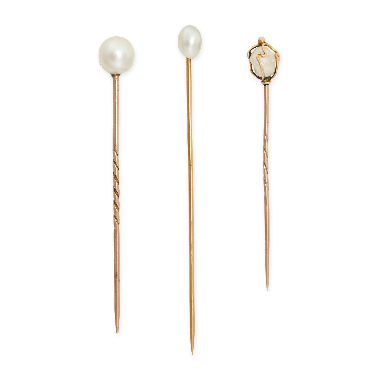 A Collection Of Three Pearl Stick Pins In 18ct Yellow Gold, Each Set ...