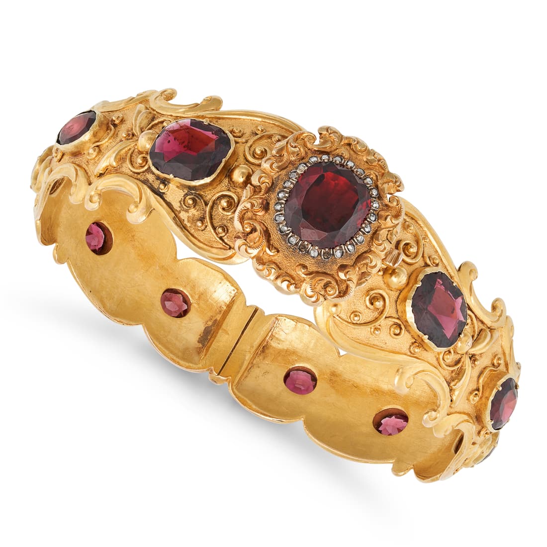 An Antique Garnet Bangle In Yellow Gold, The Hinged Bangle Set With A ...