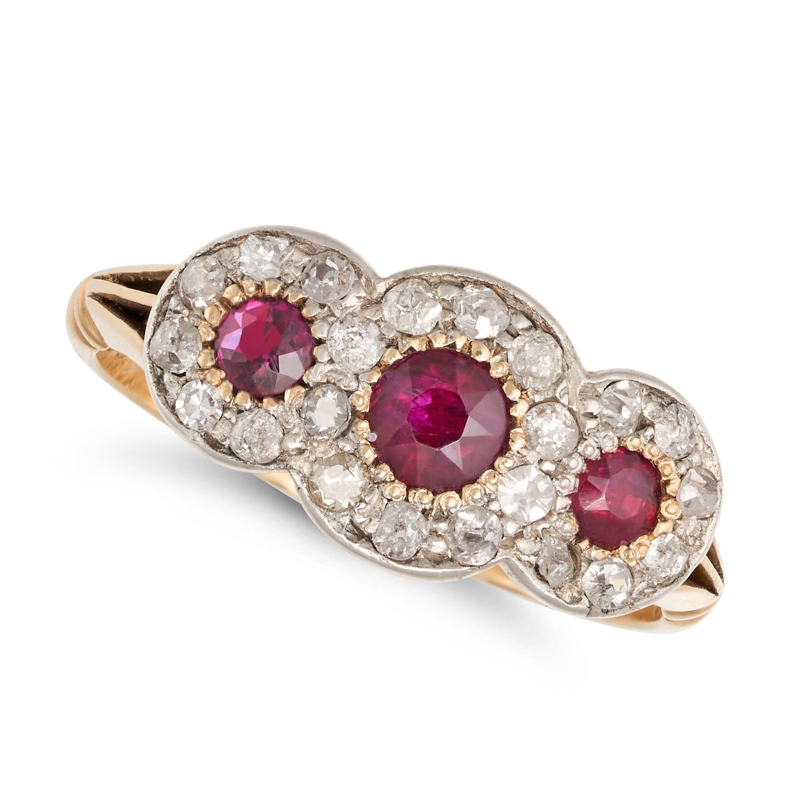 A Ruby And Diamond Cluster Ring In 18ct Yellow Gold, Set With Three ...