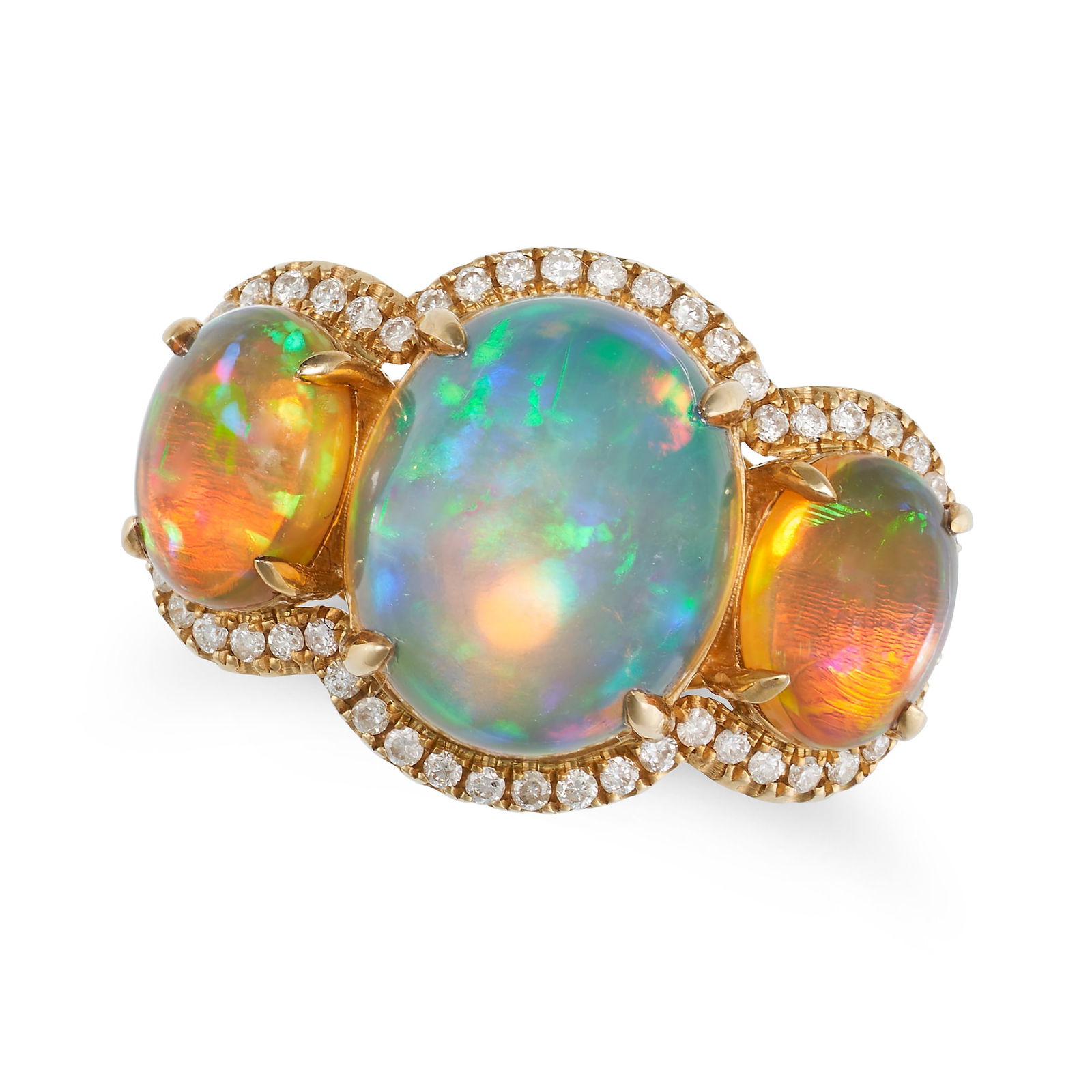An Opal And Diamond Ring In 18ct Yellow Gold, Set With Three Oval Cabochon Opals In A Border Of ...