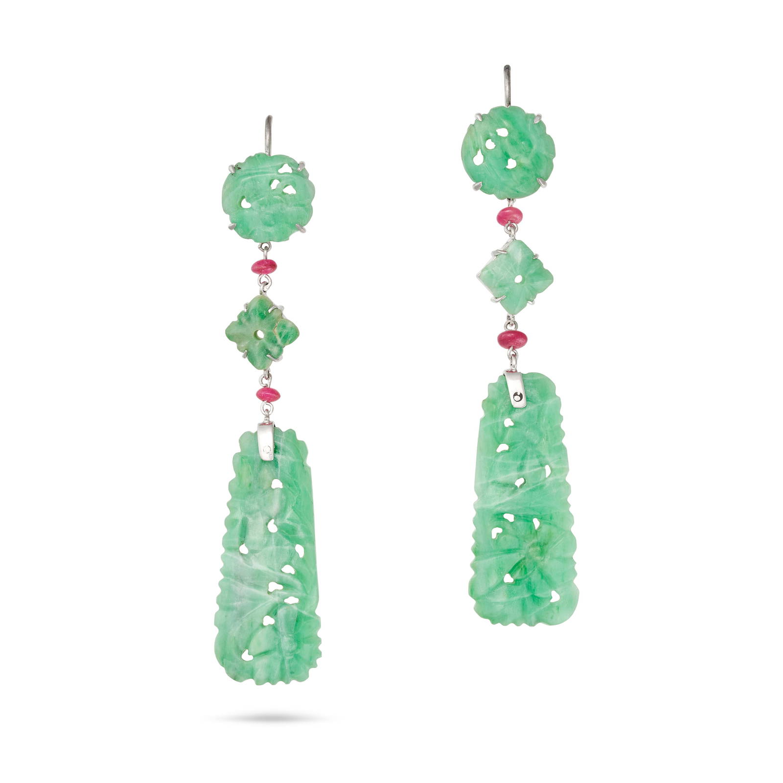 A Pair Of Jadeite Jade And Ruby Drop Earrings In White Gold, Each ...
