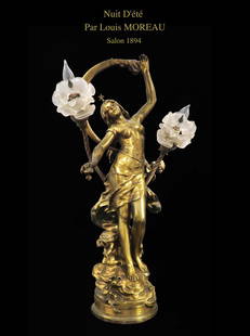 Sentier Fleuri, 19th C. Auguste Louis Moreau Signed Bronze Statue / Lamp