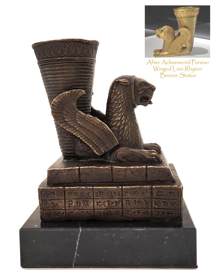 After Achaemenid Persian Winged Lion Rhyton Bronze Statue, Signed Auction