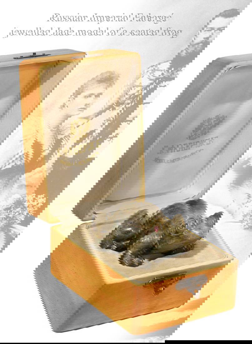 A Russian Imperial Faberge Jeweled Jade Seated Frog Figurine, Boxed Auction