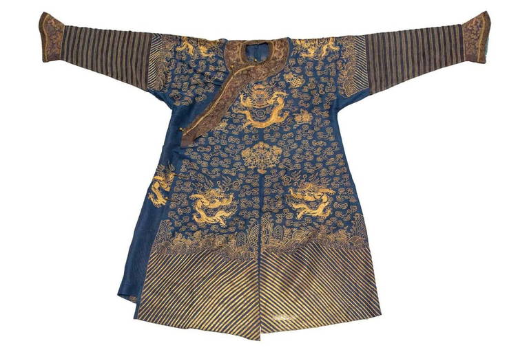 A Chinese Blue Silk Jifu Nine Dragon Semi Formal Court Robe, Qing ...