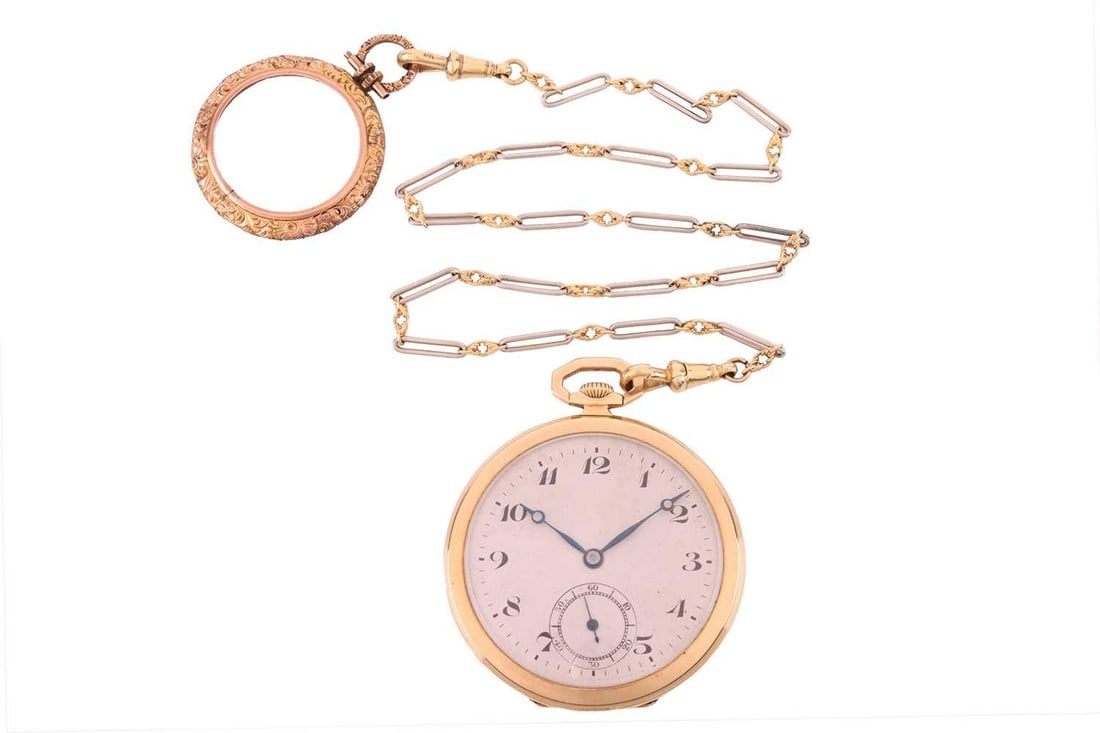An Open-face 18ct Gold Pocket Watch And Chain, Featuring A Keyless ...