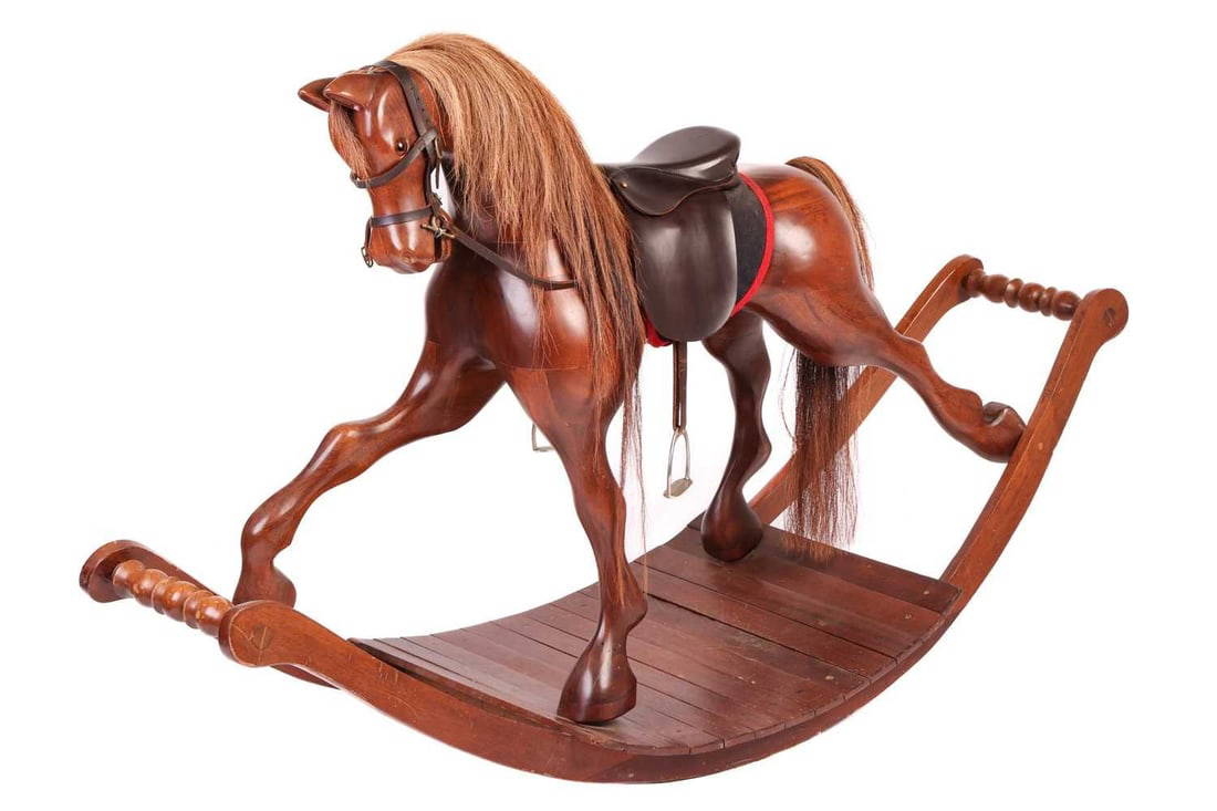 A Large Polished Mahogany Rocking Horse, 20th Century With Leather Tack ...