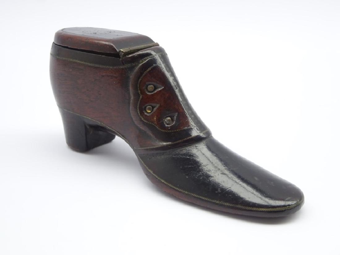 19th Century wooden shoe snuff box with stud and wire