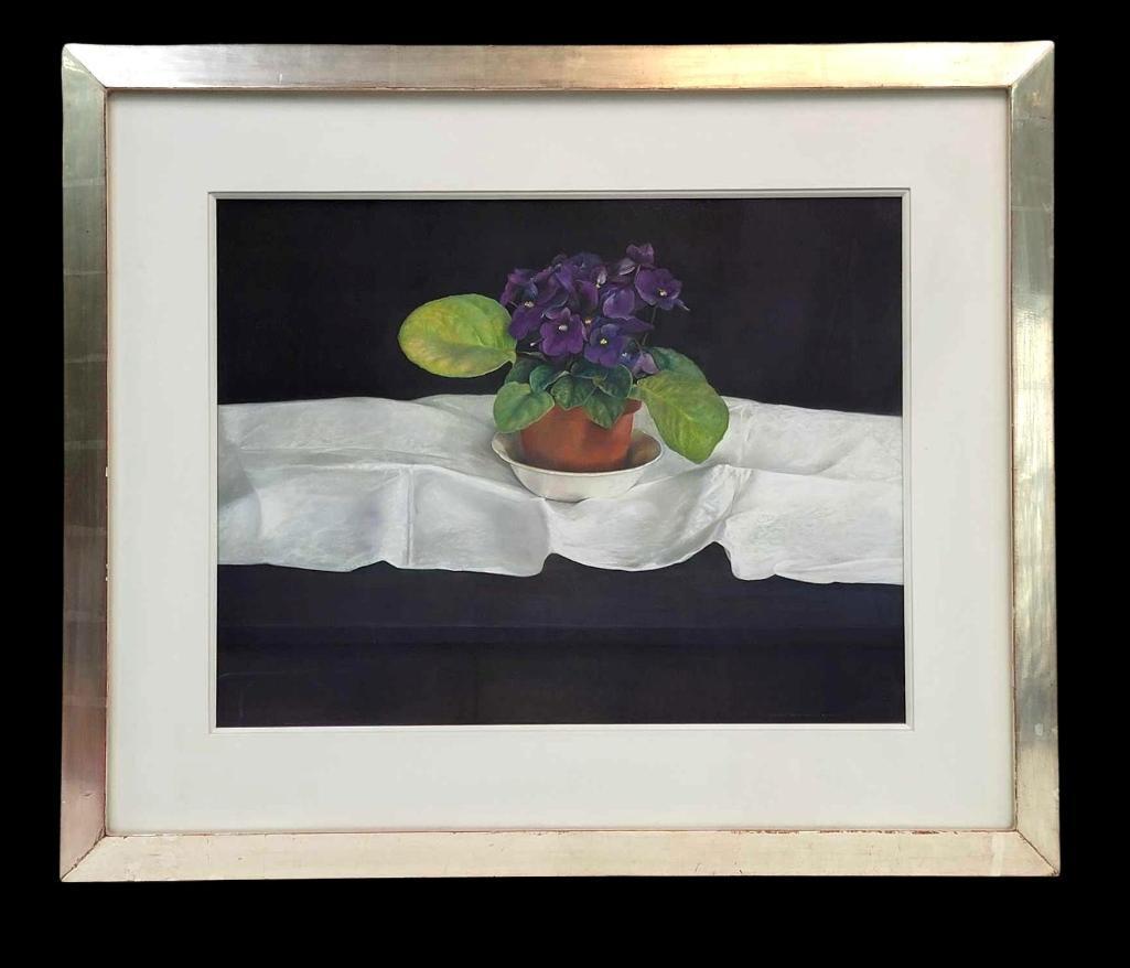 Andrew Hemingway "still Life With African Violets " Pastel On Board