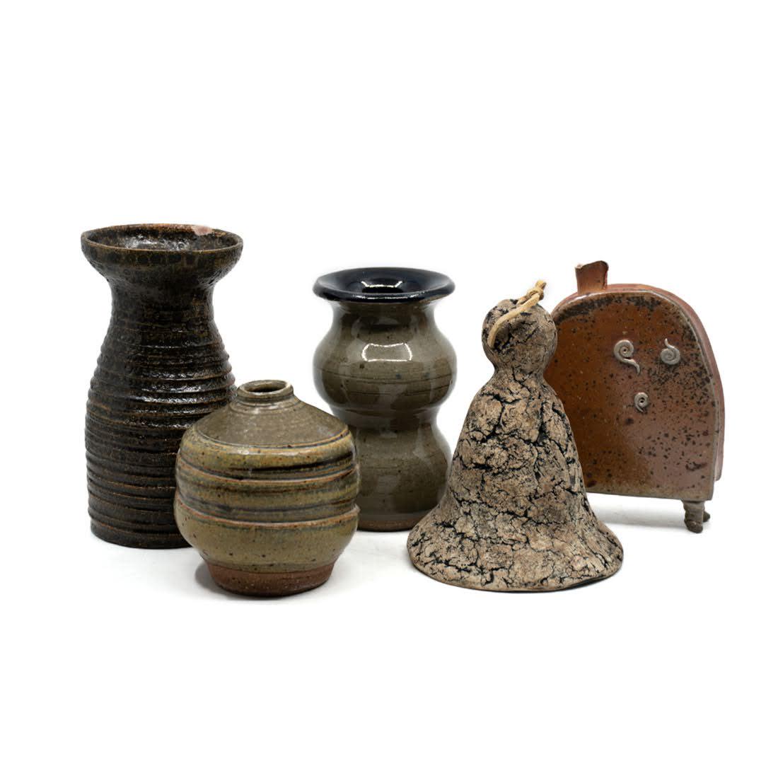 5 Folk Art Stoneware Pottery Vessels
