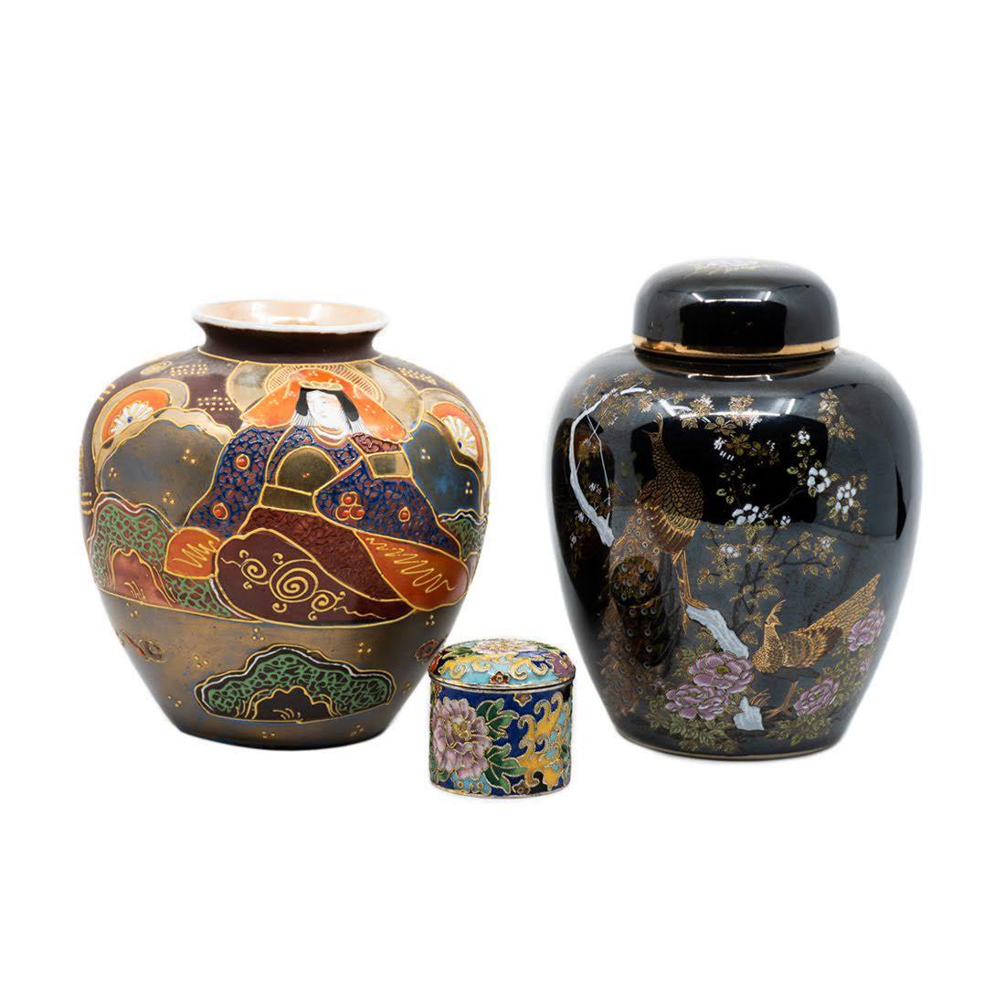 3 Japanese Pottery And Enamelware Vessels