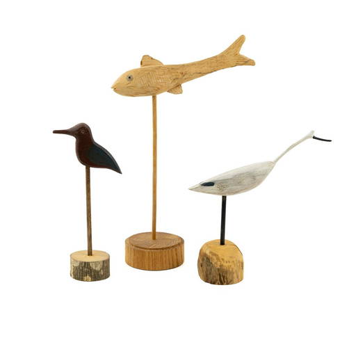 (3) Hand Carved Painted Bird And Fish Decoys On Stands