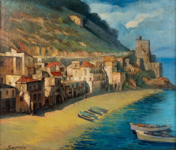 Alberto Savinio Boats On Shore Landscape O/c Painting