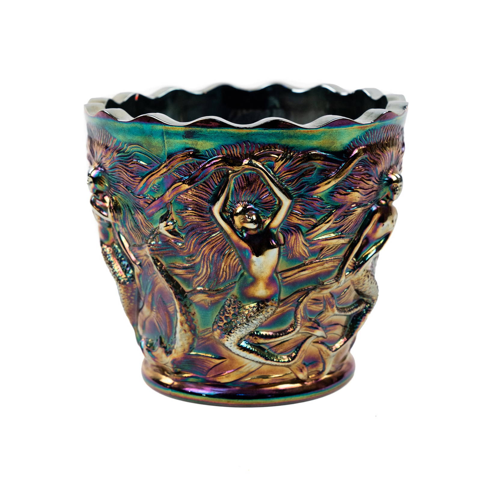 Fenton Iridescent Carnival Art Glass Mermaid Planter Auction