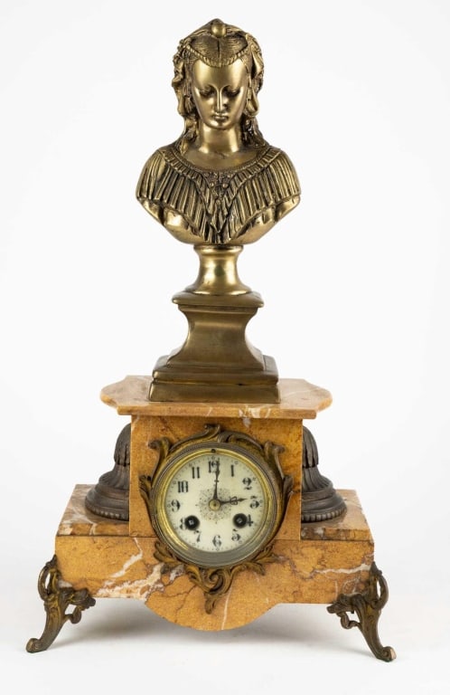 French Female Bust Gilt & Marble Mantel Clock Auction