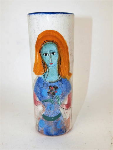 Pillin Painted Vase With Lady In Blue Dress On One Side