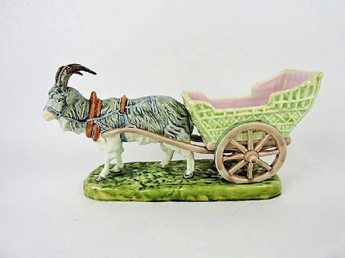 Royal Dux Majolica Goat With Cart, 13 1/2" L