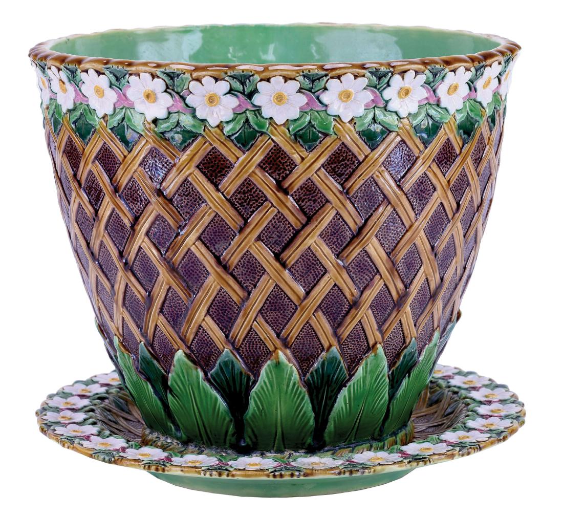 Large Minton Majolica Daisy & Trellis Jardiniere