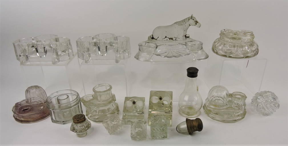 Lot Of Assorted Glass Inkwells And Desk