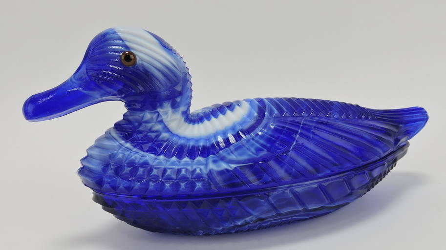 Blue Slag Glass Duck Covered Dish,