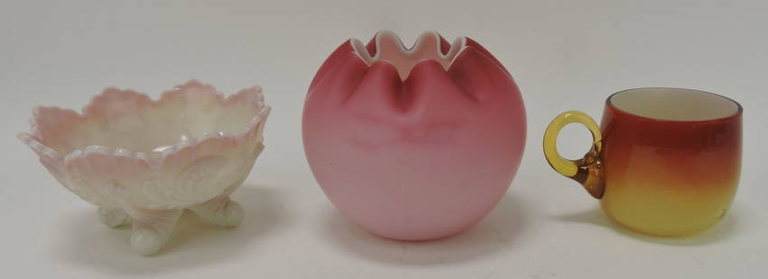 2 Pc Lot Northwood Pink Slag Glass Fan & Feather