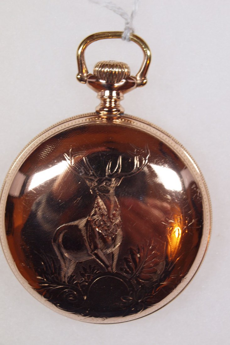 309: Waltham pocket watch, deer on back, 18s, of, 15j,