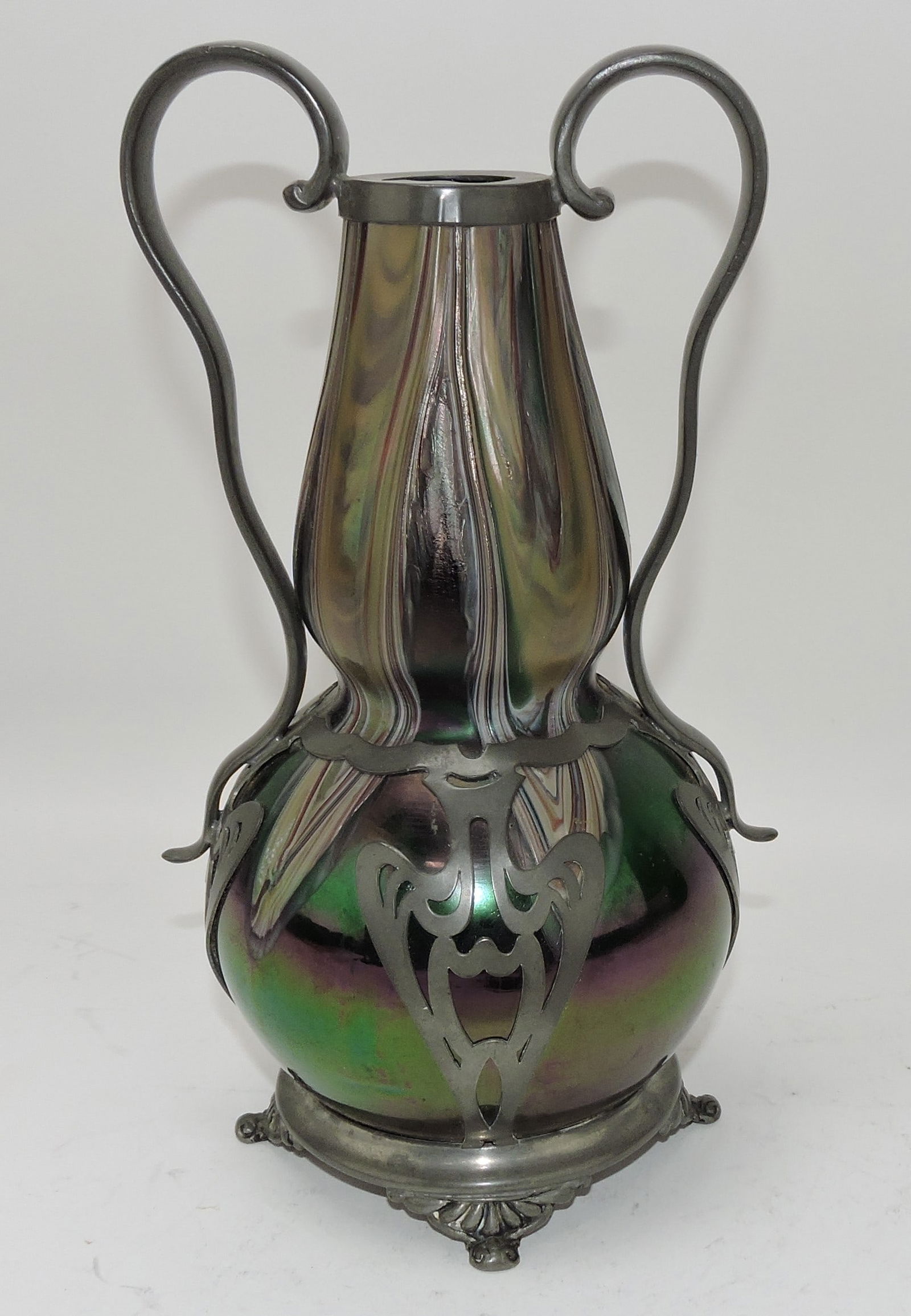 Loetz Style Art Glass Metal Mounted Auction