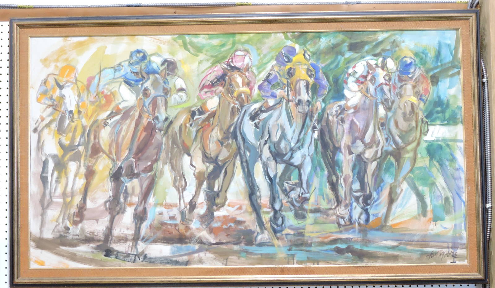 Oil On Canvas By Fay Moore Of Horse Race, Auction