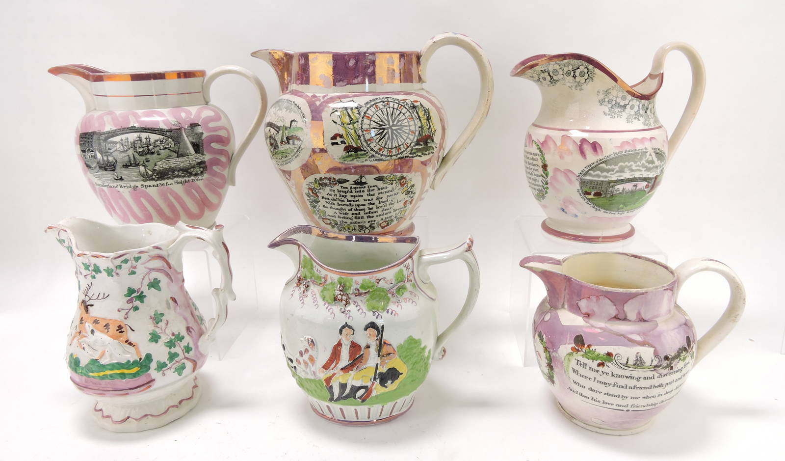 Sunderland Pink Luster Lot Of 6 Pitchers, Auction