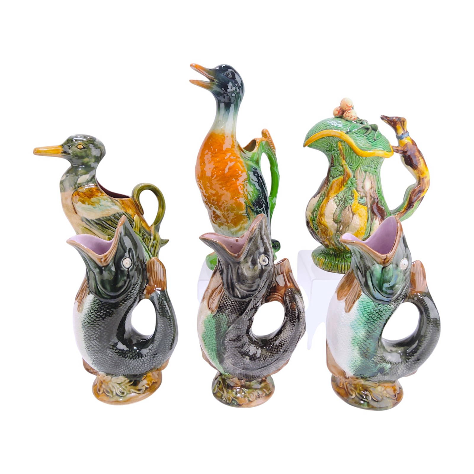 Majolica Lot Of 6 Figural Pitchers, Auction