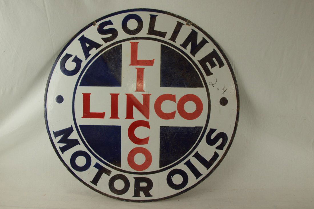 Linco Gasoline & Motor Oil 2 sided porcelain sign, lo