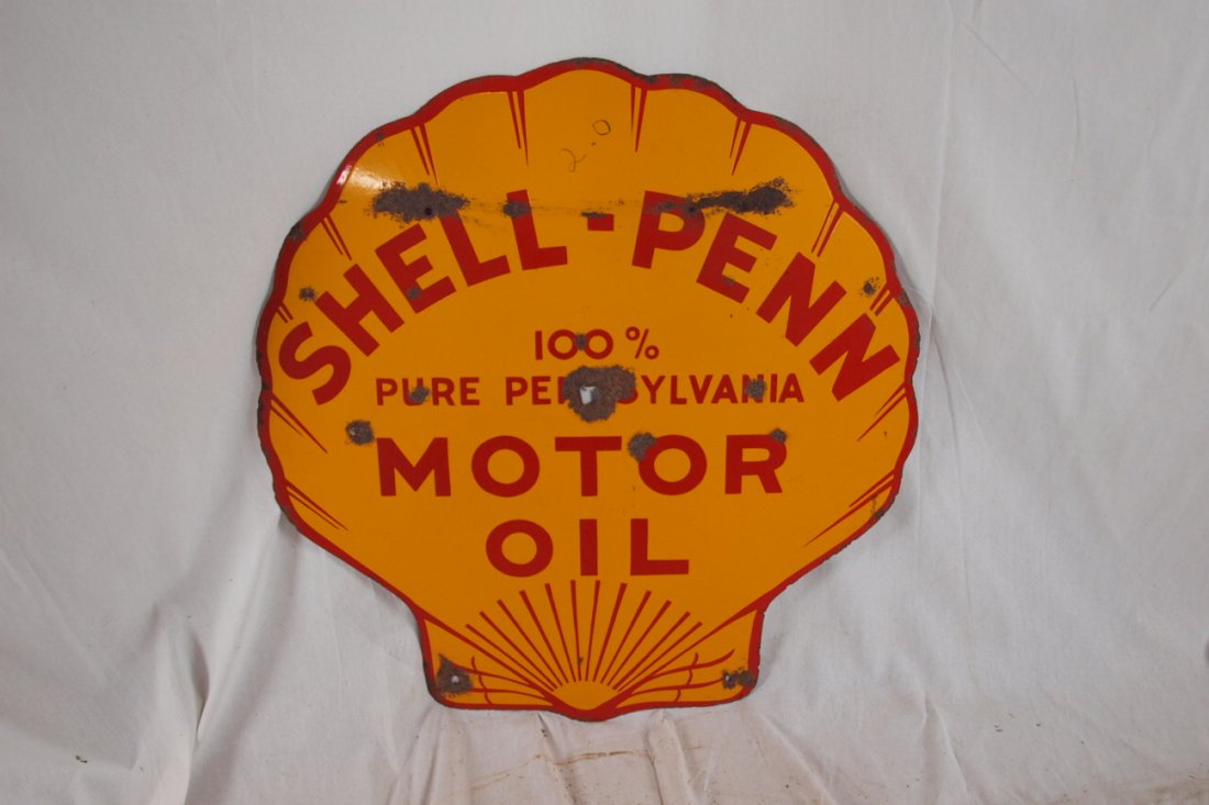 Shell - Penn Motor Oil clam shape sign, porcelain, 29