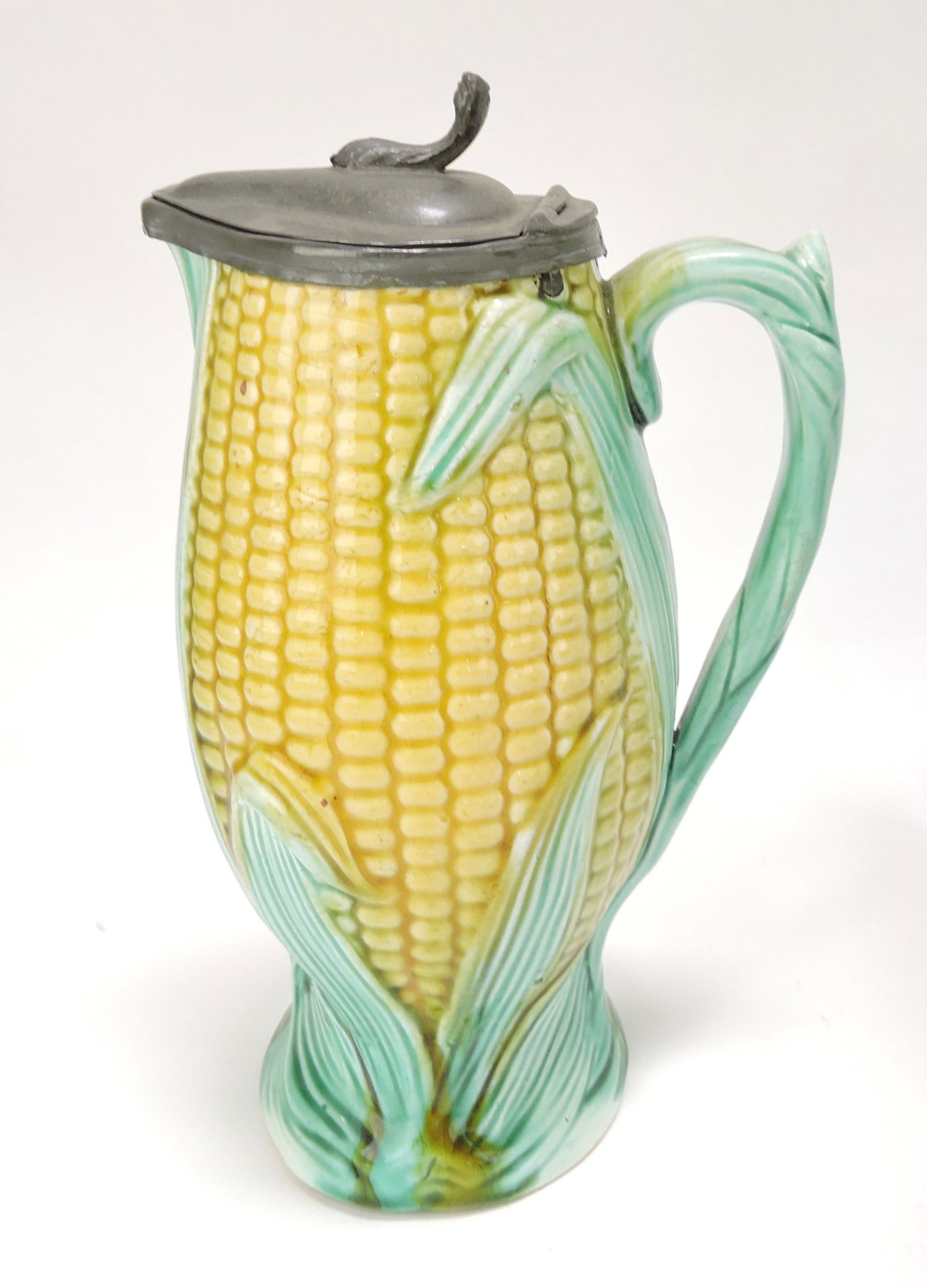 Majolica Corn Syrup Jug With Pewter Top, Auction