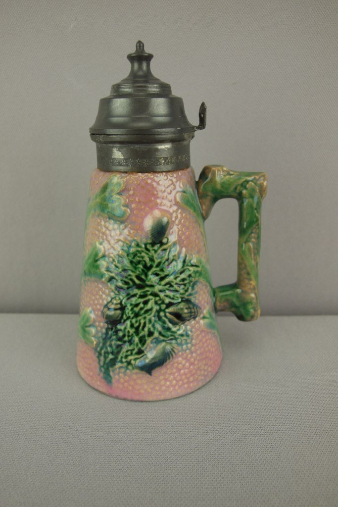 ETRUSCAN majolica coral syrup pitcher with pewter lid,